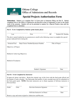 Fillable Online ohlone Special Projects Authorization Form - Admission ...