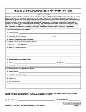 Fillable Online RECORD OF DISCLOSURE/CONSENT AUTHORIZATION FORM Fax Email Print - pdfFiller
