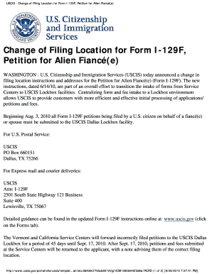 Fillable Online Change of Filing Location for Form I-129F, Petition for ...
