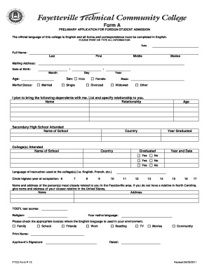 Fillable Online faytechcc Form A - Fayetteville Technical Community ...