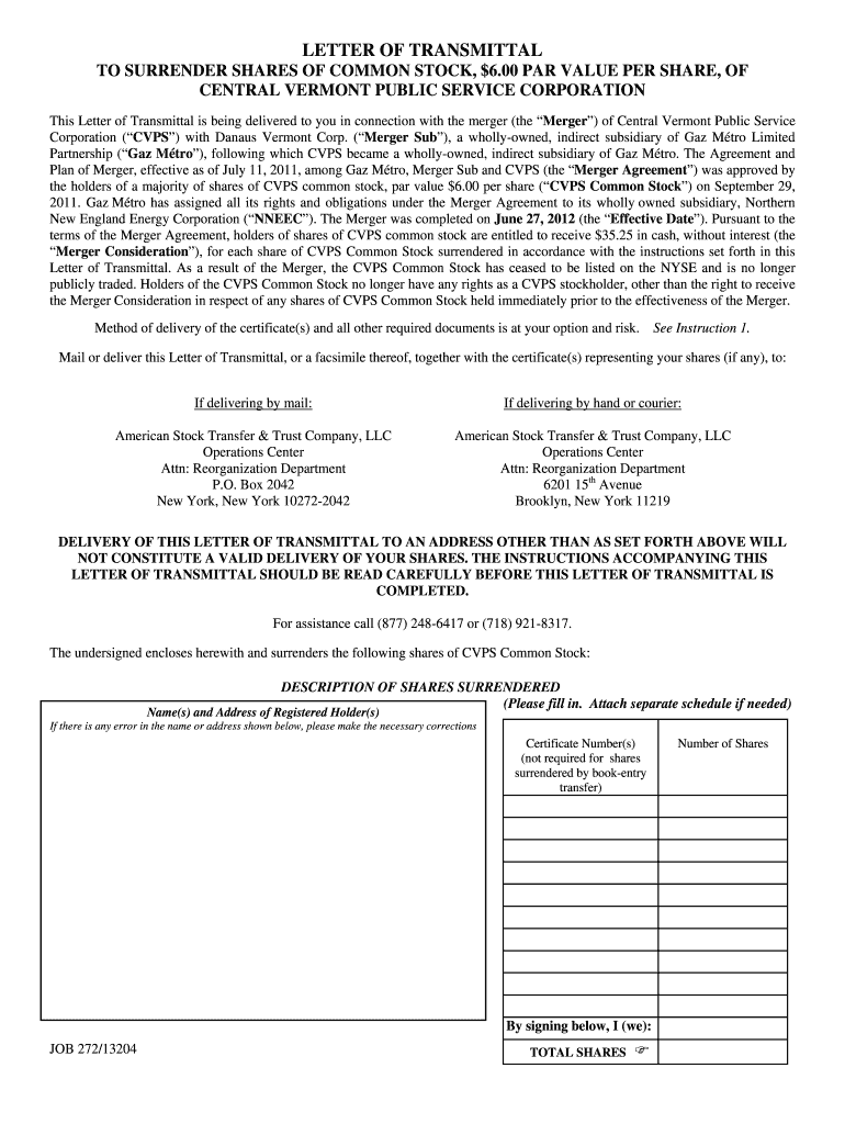 Fillable Online Letter of Transmittal to Surrender Shares of Common ...