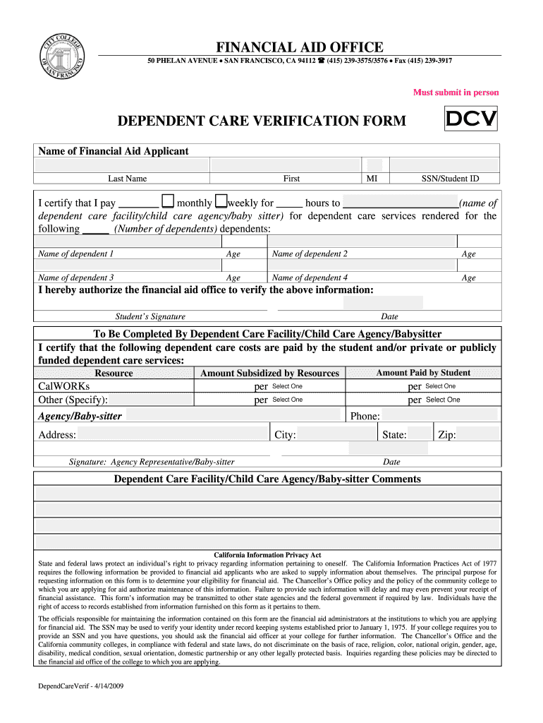 Fillable Online Dependent Care Verification Form Fax Email Print ...