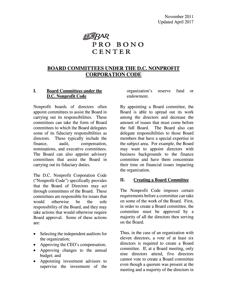 Fillable Online BOARD COMMITTEES UNDER THE D.C. NONPROFIT CORPORATION CODE Fax Email Print ...