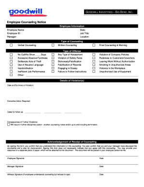Fillable Online Employee Counseling Notice Form - Goodwill Industries ...