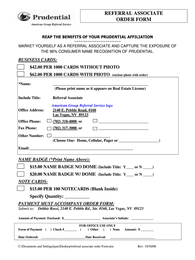 Fillable Online Referral Associate Order Form Fax Email Print - pdfFiller