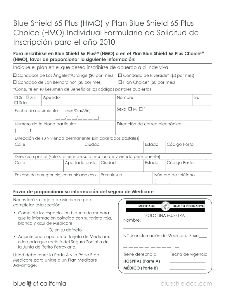 Fillable Online Solicitud de Inscripción para Plan Blue Shield 65 Plus ...