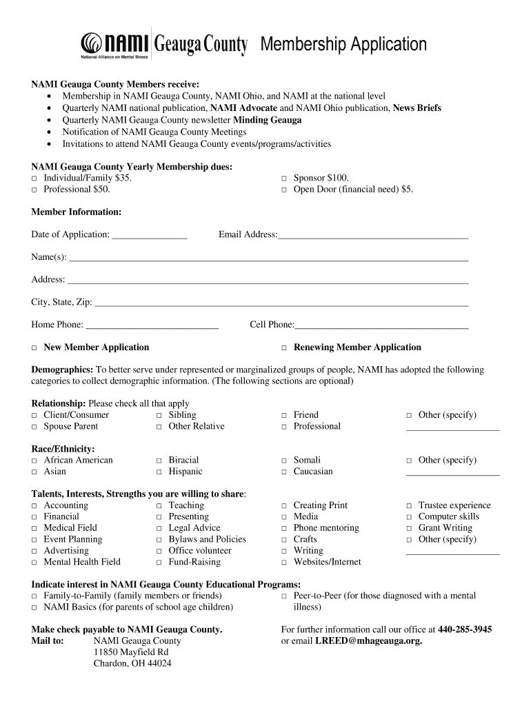 Fillable Online NAMI Geauga County Membership Application Fax Email ...