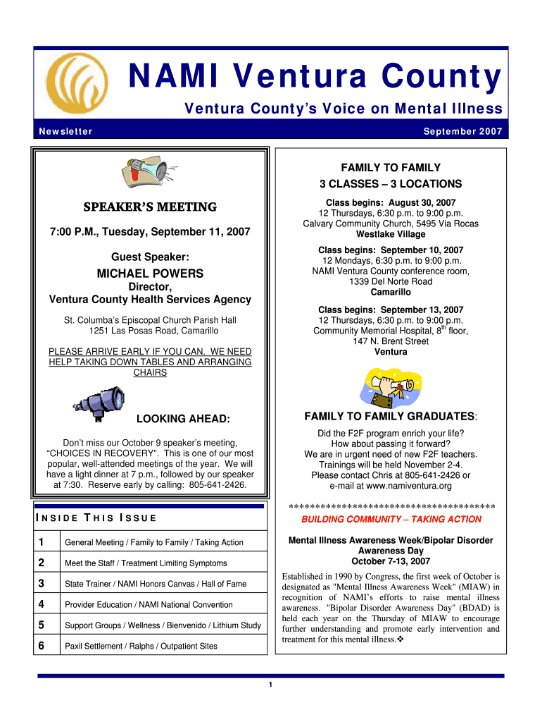 Fillable Online NAMI Ventura County Newsletter - September 2007 Fax ...