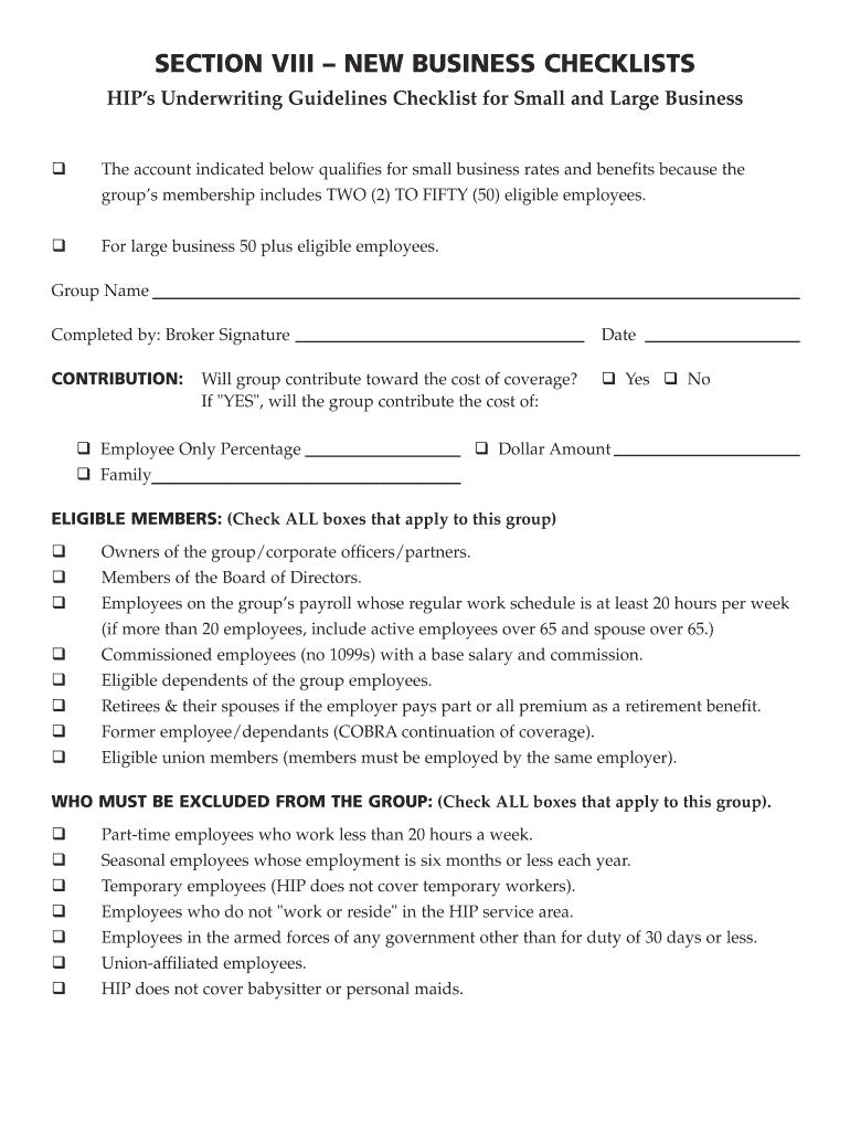 Fillable Online HIP’s Underwriting Guidelines Checklist for Small and Large Business Fax Email ...