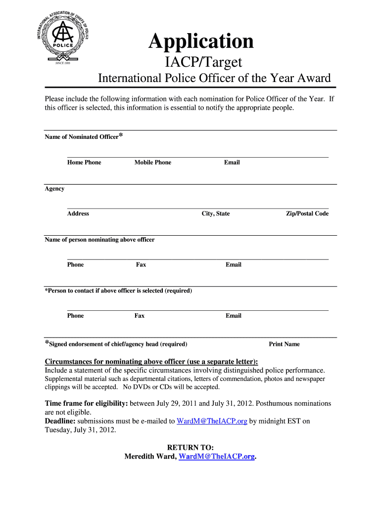 Fillable Online IACP/Target International Police Officer of the Year ...