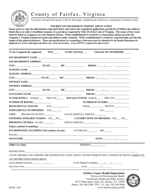 Fillable Online 166 94 9 Tourist Estabnlishment Permit Application - Fairfax County ... - 166 94 ...