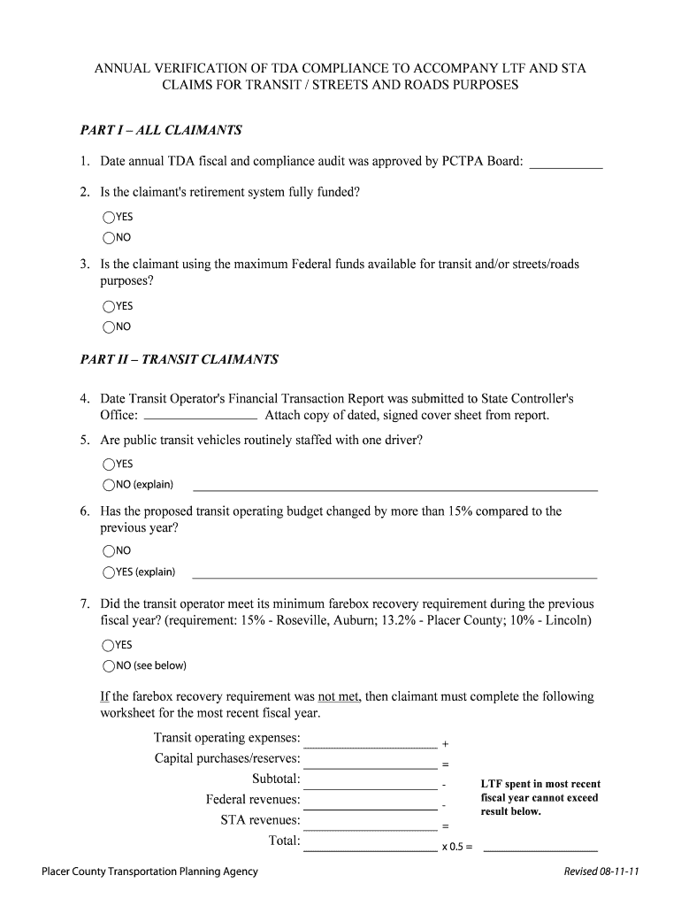 Fillable Online Transportation Development Act (TDA) Claim Forms Fax ...