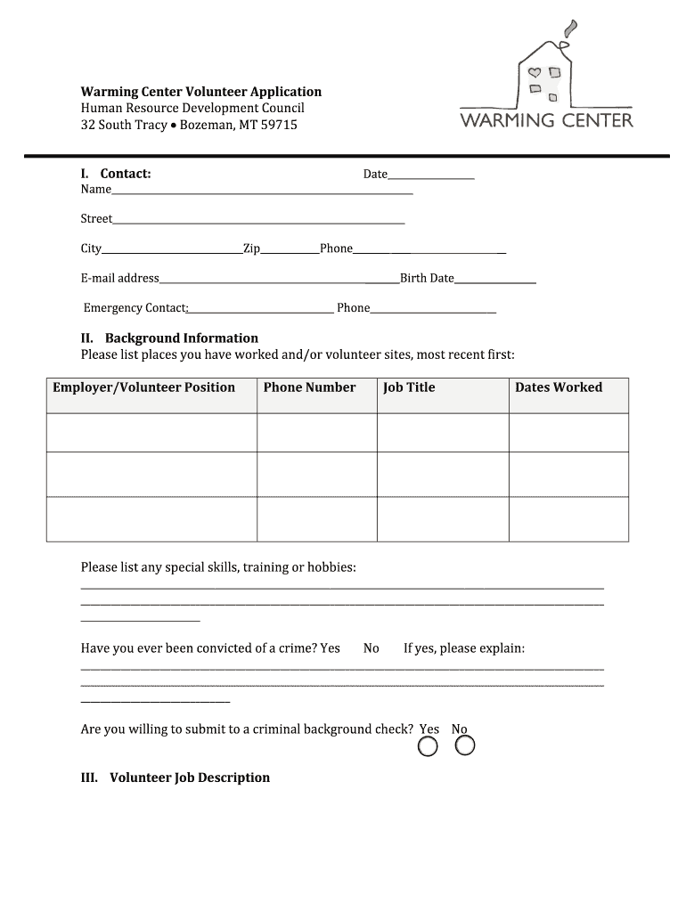 Fillable Online Warming Center Volunteer Application Fax Email Print - pdfFiller