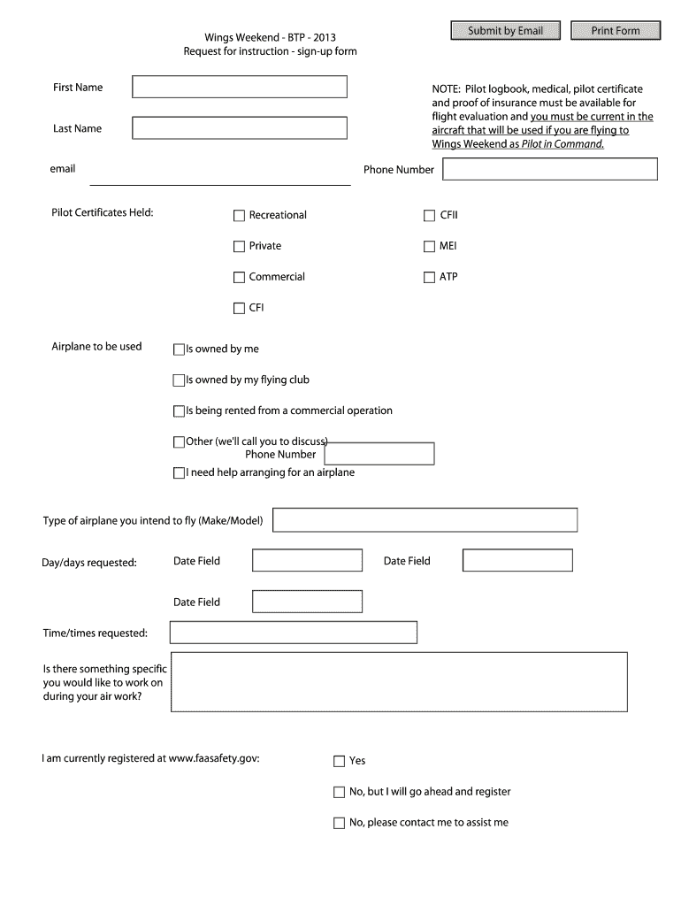 Fillable Online faasafety Wings Weekend - BTP - 2013 Request for ...