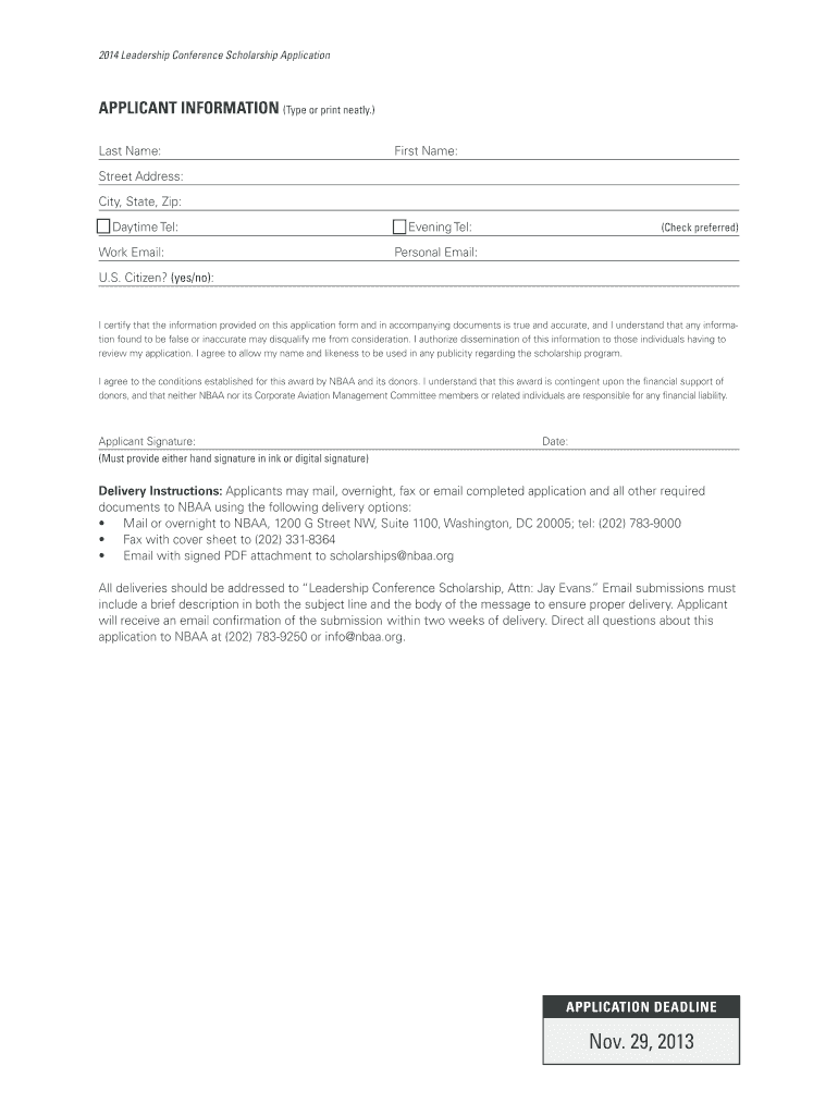 Fillable Online 2014 Leadership Conference Scholarship Application Fax ...