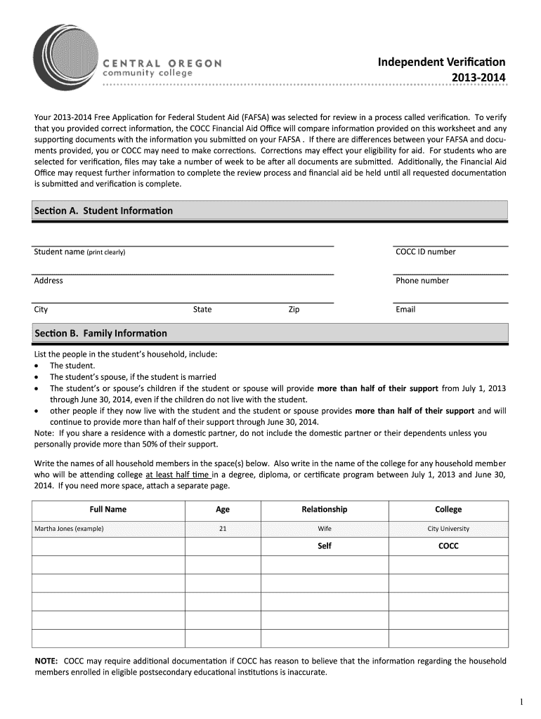 Fillable Online 2013-2014 Independent Verification Worksheet Fax Email Print - pdfFiller