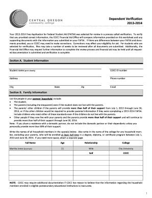 Fillable Online Dependent Verification 2013-2014 Fax Email Print ...