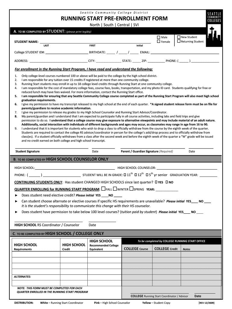 Fillable Online southseattle Running start pre-enrollment form - South ...