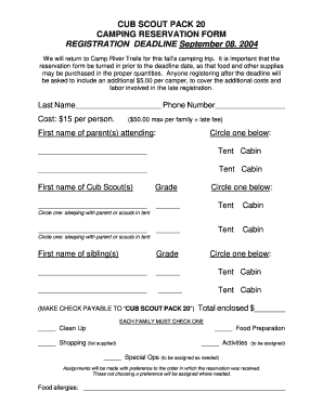 Fillable Online geocities CUB SCOUT PACK 20 CAMPING RESERVATION FORM ...