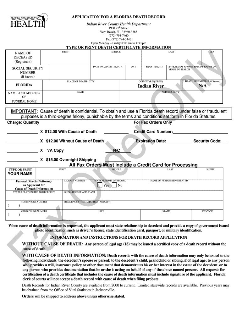 Fillable Online Application for a Florida Death Record Fax Email Print ...