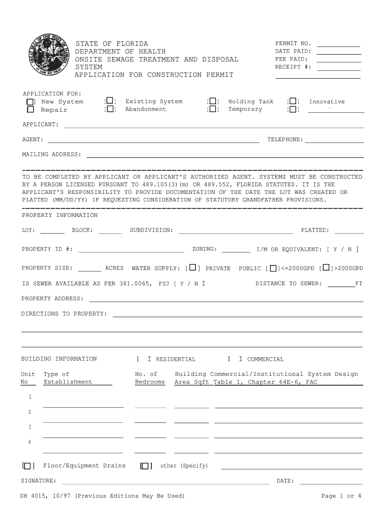 Fillable Online APPLICATION FOR ONSITE SEWAGE DISPOSAL SYSTEM ...