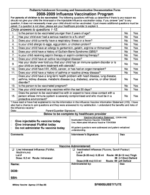 Fillable Online vaccines Pediatric Flu Screening Form - Military ...