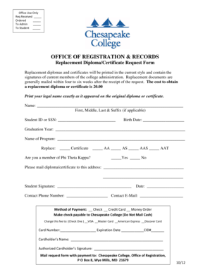 Fillable Online chesapeake Replacement Diploma/Certificate Request Form ...