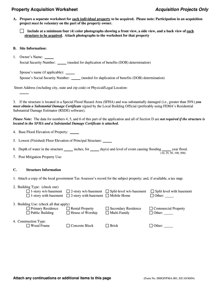 Fillable Online Property Acquisition Worksheet for Acquisition Projects ...