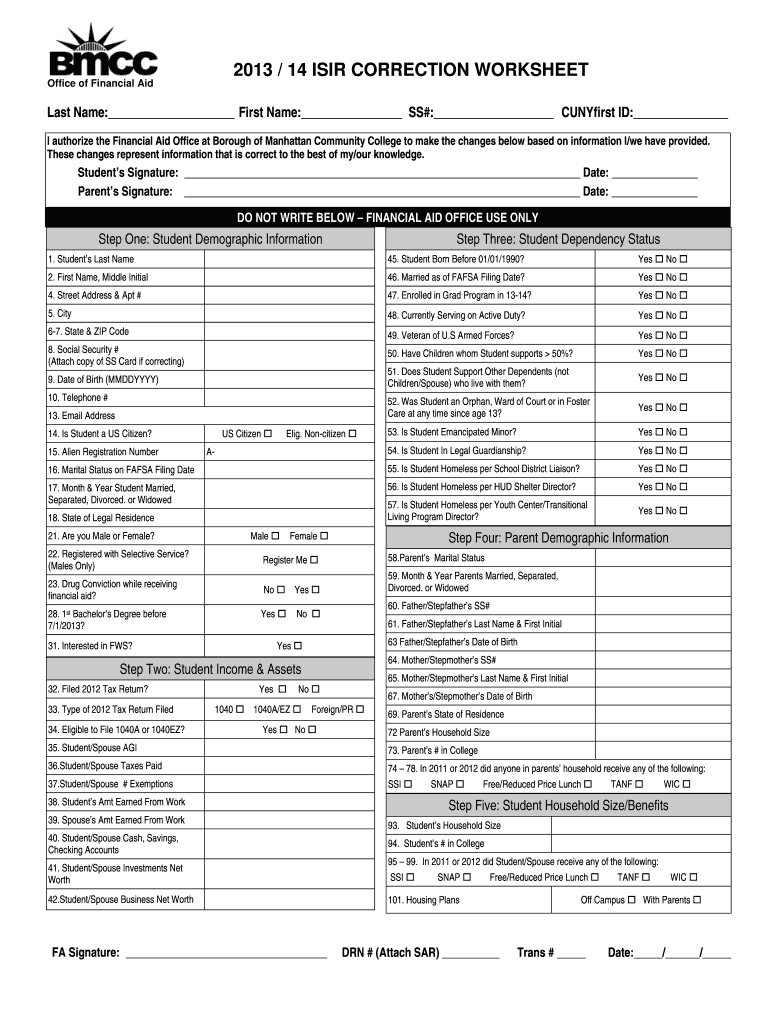 Fillable Online 2013 / 14 ISIR Correction Worksheet Fax Email Print ...