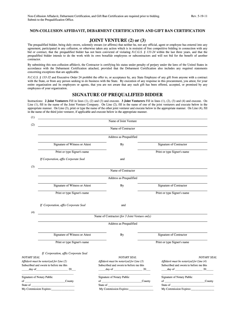 Fillable Online Non-Collusion Affidavit, Debarment Certification and Gift Ban Certification Fax ...