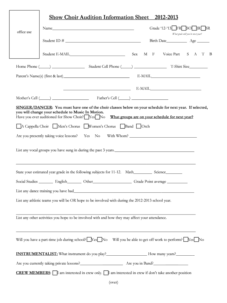Fillable Online Show Choir Audition Information Fax Email Print - pdfFiller