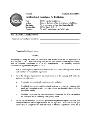 Fillable Online ncaa Form 13-1: Certification of Compliance for ...