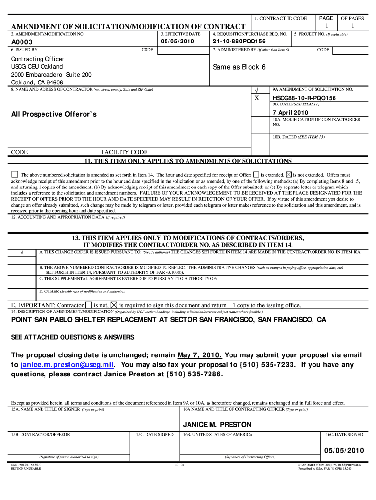 Fillable Online AMENDMENT OF SOLICITATION/MODIFICATION OF CONTRACT Fax Email Print - pdfFiller