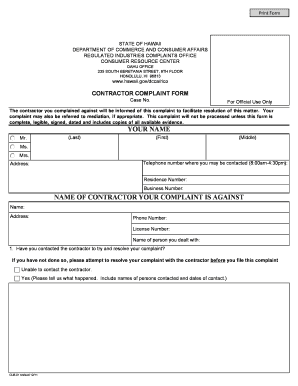 Fillable Online Contractor Complaint Form - Department of Commerce and ...