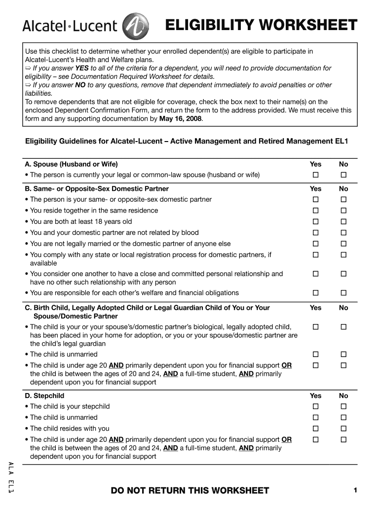 Fillable Online Eligibility Worksheet for Dependents Fax Email Print ...