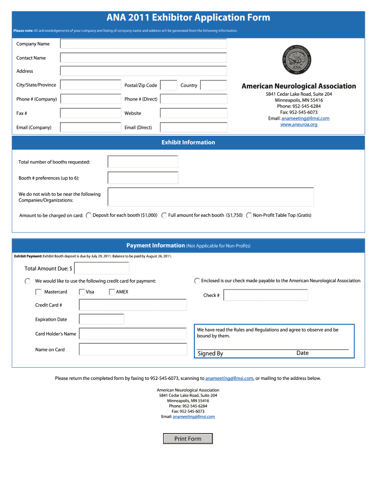 Fillable Online aneuroa ANA 2011 Exhibitor Application Form - American ...