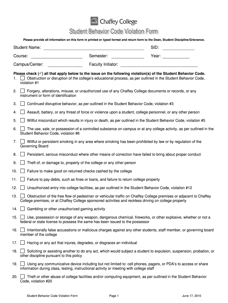 Fillable Online Student Behavior Code Violation Form Fax Email Print ...