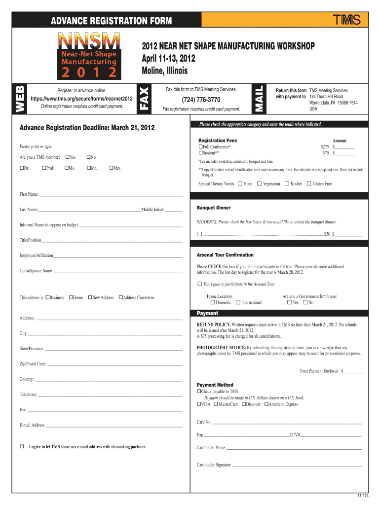 Fillable Online Advance Registration for 2012 Near Net Shape ...