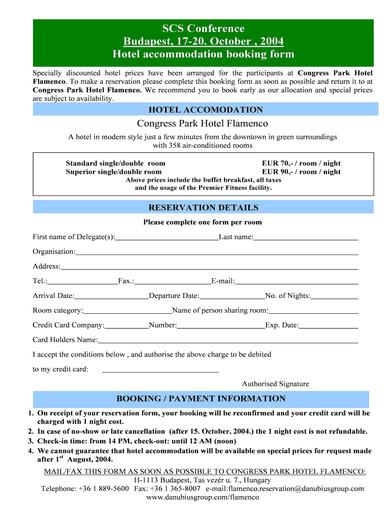 Fillable Online Hotel Accommodation Booking Form for SCS Conference Fax ...