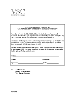 Fillable Online vsc Relinquishment of Early Retirement Benefits April ...