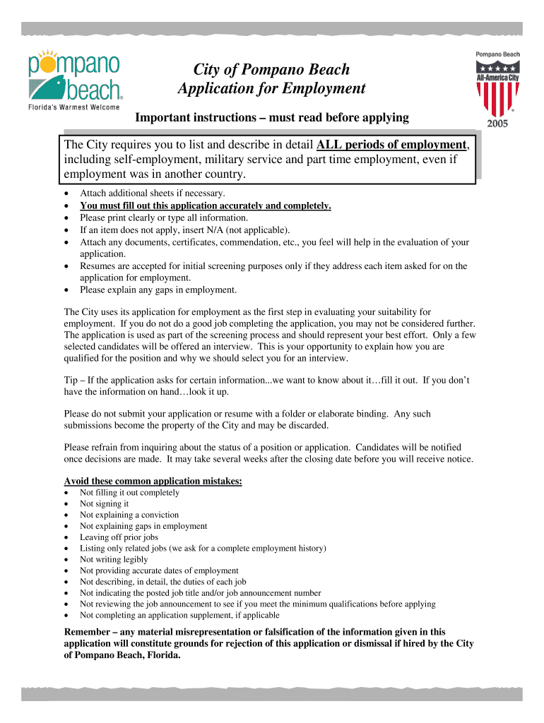 Fillable Online City of Pompano Beach Employment Application Fax Email ...