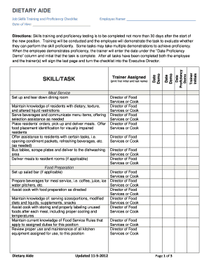 Fillable Online DIETARY AIDE. Job Skills Training and Proficiency ...