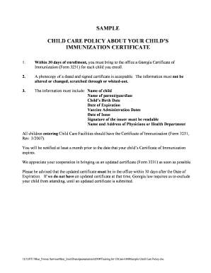 Fillable Online CHILD CARE POLICY ABOUT YOUR CHILDS Fax Email Print ...