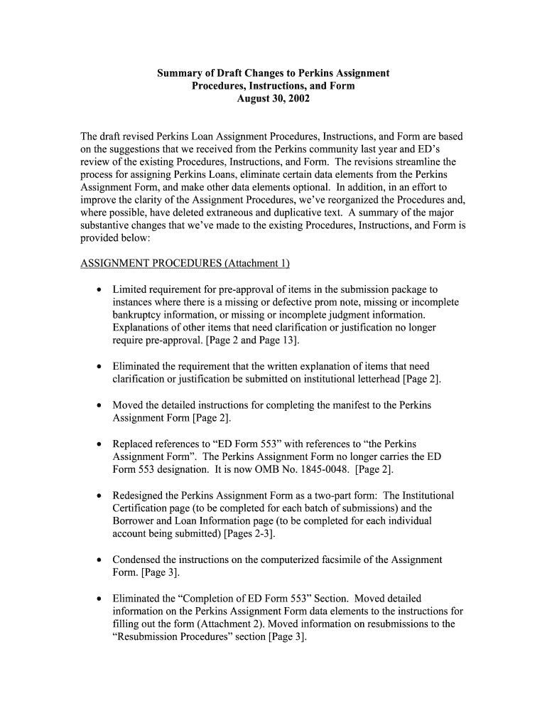 Fillable Online Summary of Draft Changes to Perkins Assignment Procedures, Instructions, and ...
