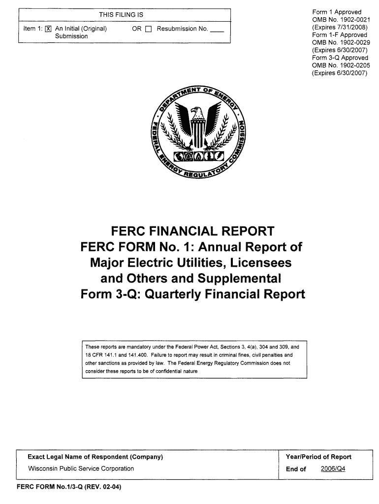 Fillable Online FERC FORM 1 - Annual Report of Major Electric Utilities ...