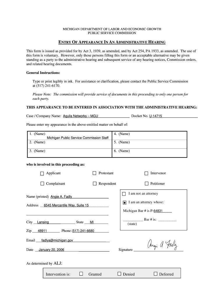 Fillable Online Entry of Appearance for Administrative Hearing Fax Email Print - pdfFiller