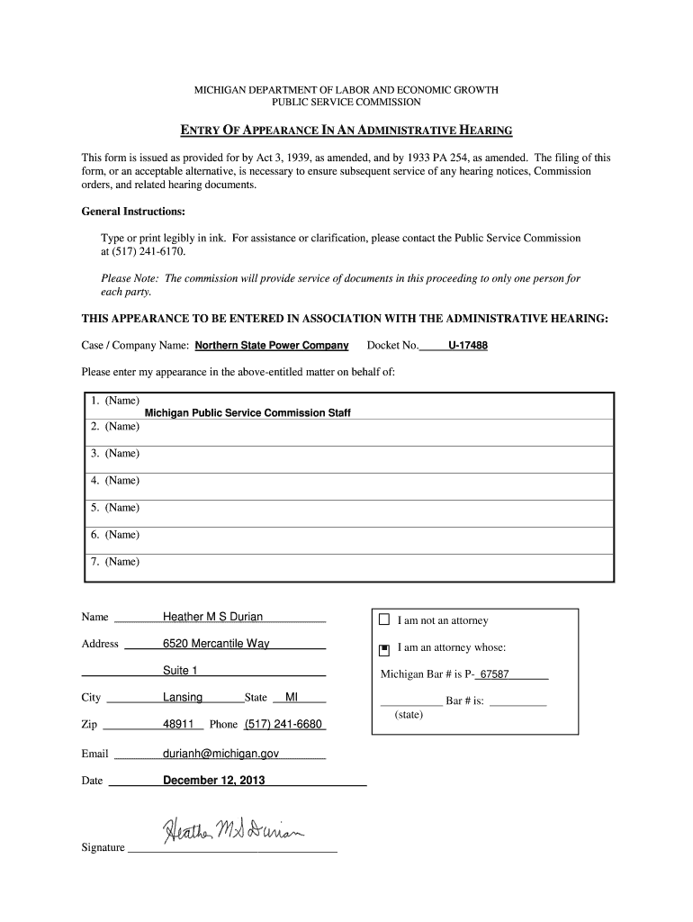 Fillable Online Entry of Appearance in an Administrative Hearing Fax ...