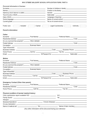 Fillable Online MAX STIBBE WALDORF SCHOOL APPLICATION FORM PART A Fax Email Print - pdfFiller