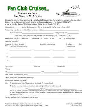 Fillable Online Reservation Form Dan Navarro 2015 Cruise Complete the ...