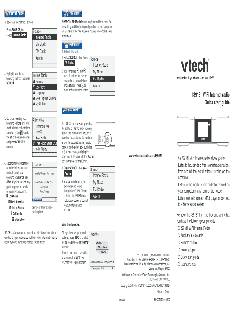 Fillable Online IS9181 WiFi Internet radio Quick start guide - VTech ...